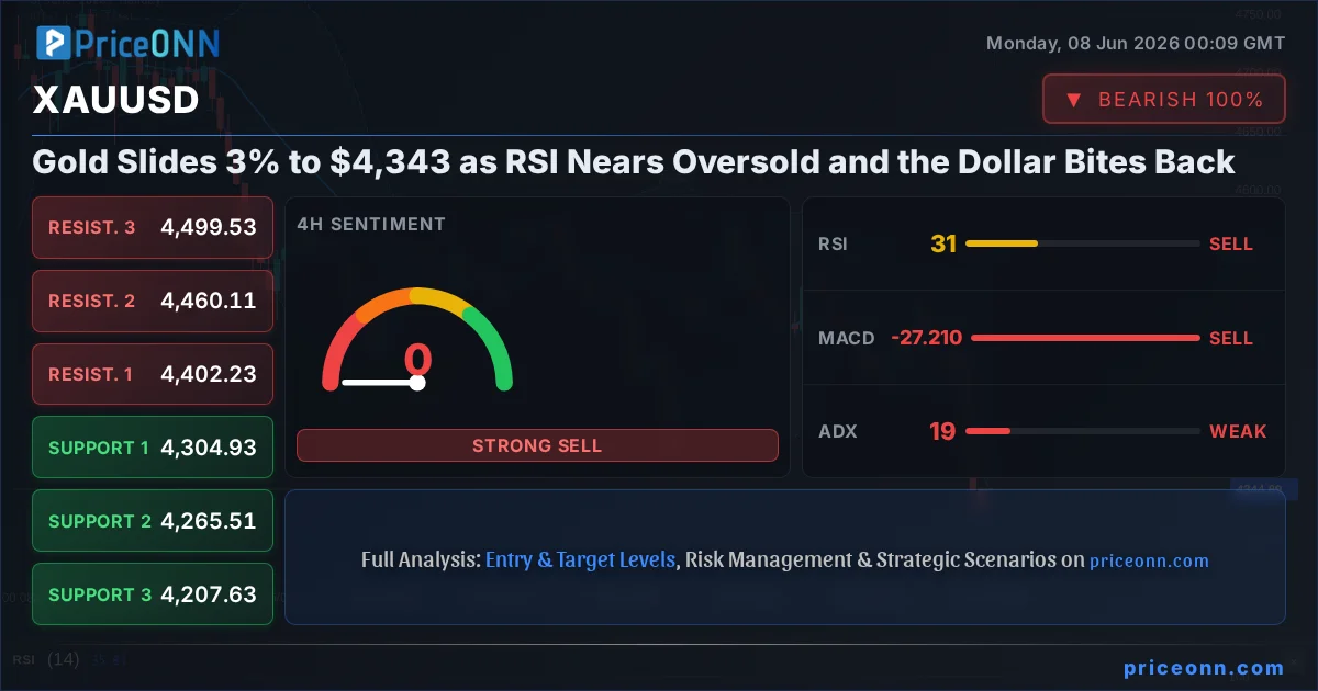 Gold Slides 3% to $4,343 as RSI Nears Oversold and the | PriceONN