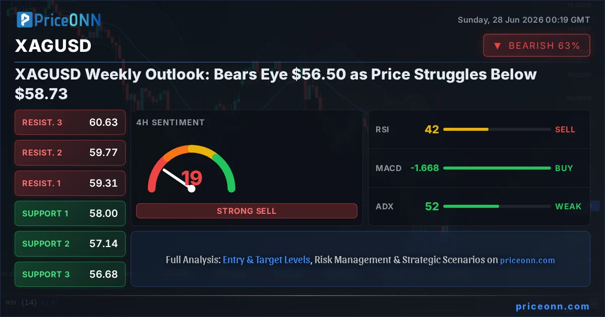 XAGUSD Weekly Outlook: Bears Eye $56.50 as Price Struggles | PriceONN
